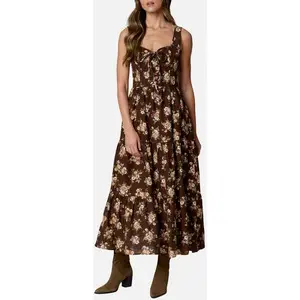 BLU PEPPER Tie Front Floral Midi Dress - Brown Multi