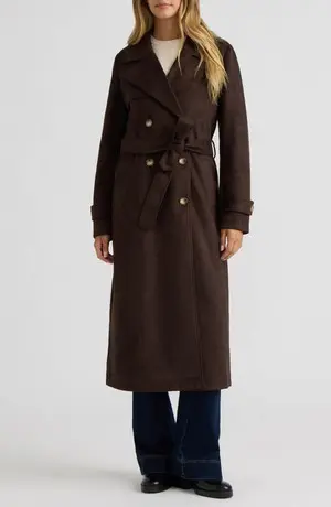 NVLT Faux Suede Double Breasted Longline Coat - Espresso