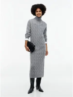Tommy Hilfiger Wool Cable Knit Sweater Dress - Medium Grey Heather