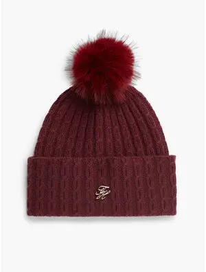 Tommy Hilfiger Cable Knit Wool-blend Pom Beanie - Deep Burgundy