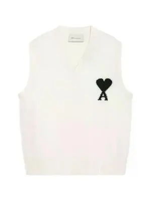 AMI Paris White Sleeveless Wool Sweater With De Coeur - Neutrals