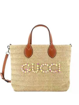 Gucci Logo Plaque Convertible Raffia Small Tote Bag - Neutrals