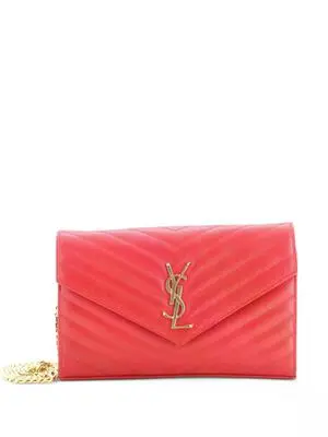 Saint Laurent Classic Monogram Wallet On Chain Matelasse Chevron Leather Medium Crossbody Bag - Red