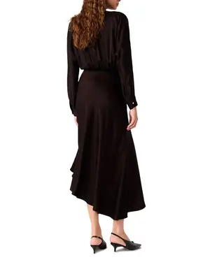 Maje Tie Neck Asymmetric Satin Midi Dress