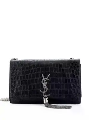 Saint Laurent Classic Monogram Tassel Crocodile Embossed Leather Medium Crossbody Bag - Black
