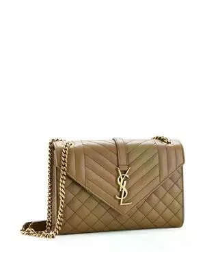Saint Laurent Classic Monogram Envelope Satchel Mixed Matelasse Leather Medium Shoulder Bag - Brown