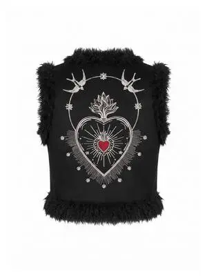 NOOKI DESIGN Sacred Heart Embroidered Faux Fur Gilet - Black