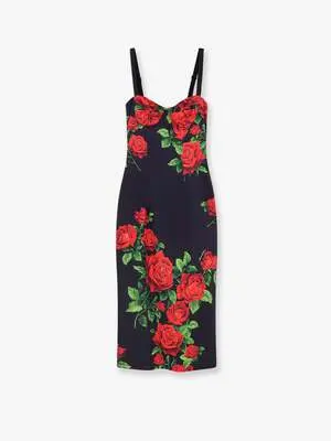 Dolce & Gabbana Stretch Silk Dress With Iconic Rose Print - Black