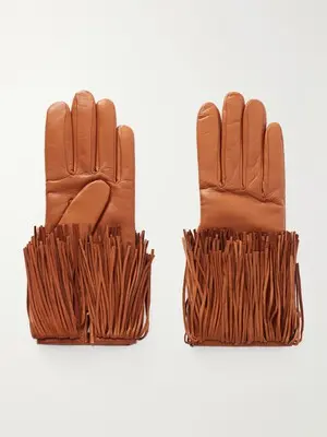 AGNELLE Lena Fringed Leather Gloves - Brown