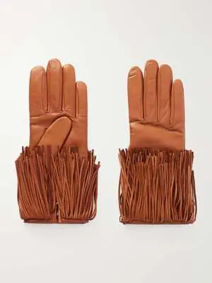 AGNELLE Lena Fringed Leather Gloves - Tan