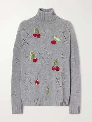 Bernadette Sharon Embroidered Pointelle-knit Wool Turtleneck - Gray