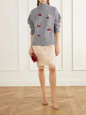 Bernadette Sharon Embroidered Pointelle-knit Wool Turtleneck