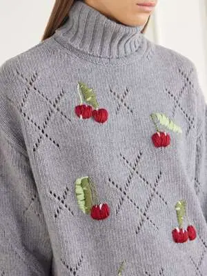 Bernadette Sharon Embroidered Pointelle-knit Wool Turtleneck