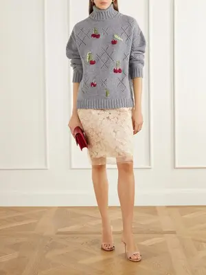 Bernadette Sharon Embroidered Pointelle-knit Wool Turtleneck Sweater