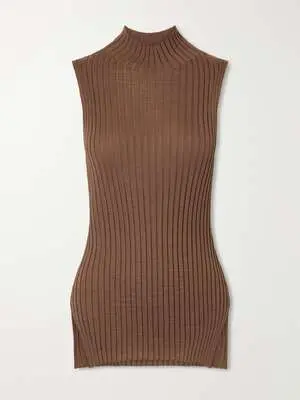 Khaite Karla Ribbed Wool And Silk-blend Tank - Brown