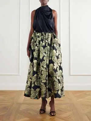 ABADIA Elodie Gathered Floral-brocade Maxi Skirt