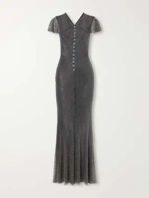 SELF-PORTRAIT Crystal-embellished Mesh Maxi Dress - Gray