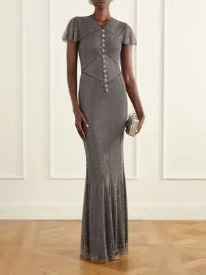 SELF-PORTRAIT Crystal-embellished Mesh Maxi Dress