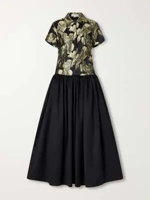 ABADIA Gathered Floral-brocade And Twill Midi Dress - Black