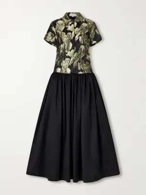 ABADIA Gathered Floral-brocade And Twill Midi Dress - Black