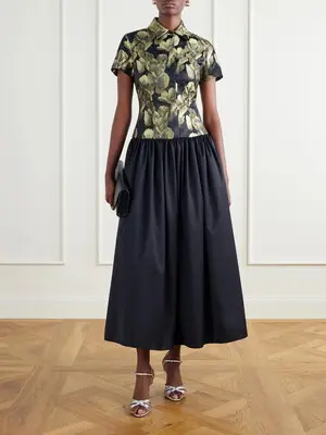 ABADIA Gathered Floral-brocade And Twill Midi Dress