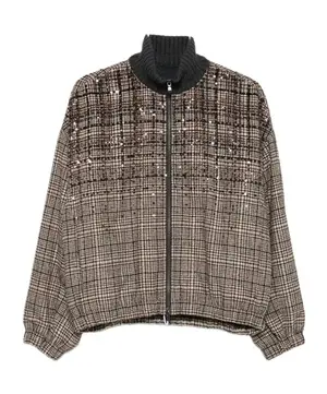 Brunello Cucinelli Checked Alpaca And Wool Bomber Jacket With Dazzling Degradé Embroidery And Thermore Padding