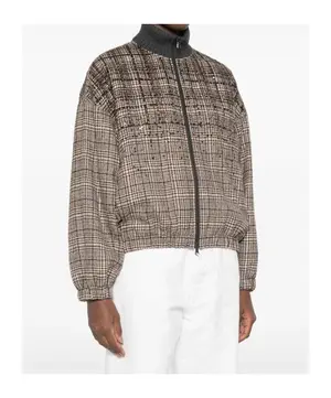 Brunello Cucinelli Checked Alpaca And Wool Bomber Jacket With Dazzling Degradé Embroidery And Thermore Padding