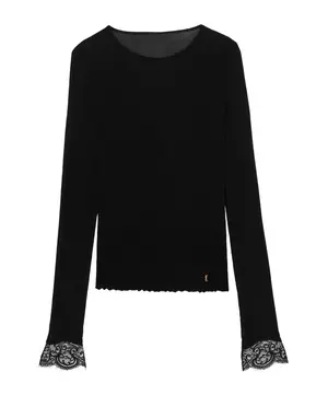 Saint Laurent Cassandre Lace-cuff Top In Ribbed Silk Jersey