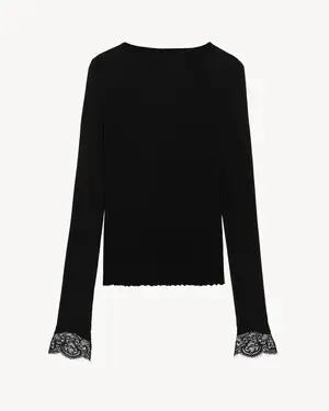 Saint Laurent Cassandre Lace-cuff Top In Ribbed Silk Jersey