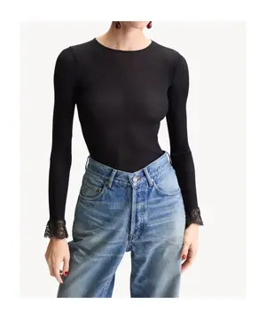 Saint Laurent Cassandre Lace-cuff Top In Ribbed Silk Jersey