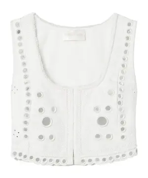 LoveShackFancy Cropped Paillette-embellished Embroidered Linen Top