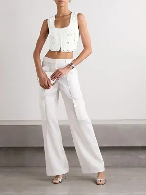 LoveShackFancy Cropped Paillette-embellished Embroidered Linen Top