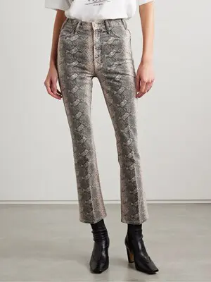 MOTHER Cropped Snake-print High-rise Flared Jeans - No