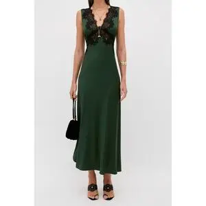 Rixo V-neck Lace Spliced Satin Maxi Dress
