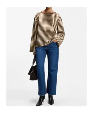 Hugo Boss Cream Striped Boat Neck Long Sleeve Top