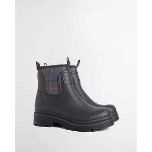 Barbour Plaid Panel Side Elastic Short Rain Boot - Black