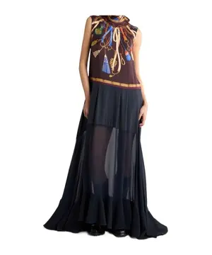 Etro Long Silk Dress With See-through Skirt And Placed Print