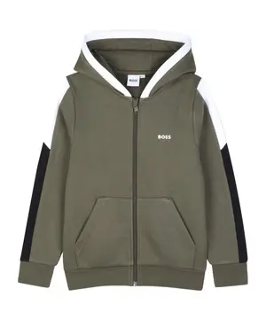Hugo Boss Olive Color Block Hooded Zip-up Jacket - No