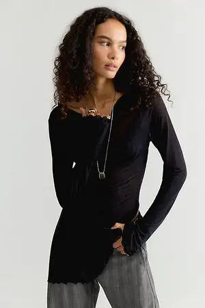 Free People Addie Asymmetric Long Sleeve Top Black