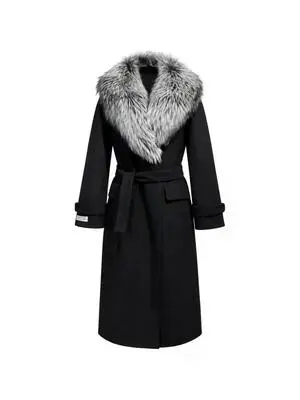POCHE PARIS Faux-fur Collar Belted Coat - Black