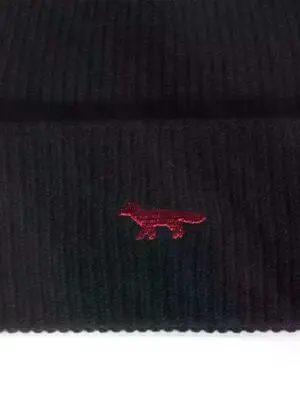 Maison Kitsuné Ribbed-knit Fox-embroidered Beanie Hat - Black