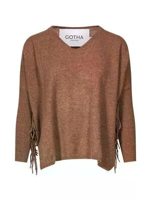 GOTHA Fringed V-neck Sweater - Brown