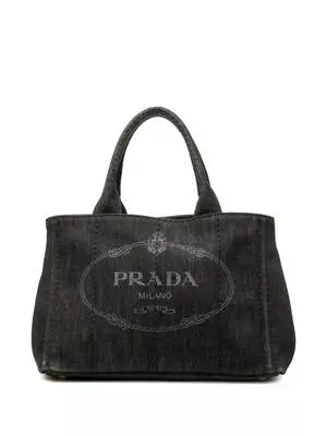 Prada 2013-2026 Small Denim Canapa Logo Tote Satchel - Grey