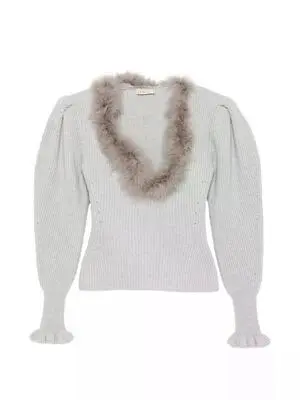Blumarine Feather-trim Puff-sleeve Sweater - Grey