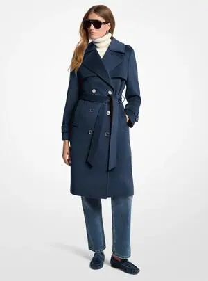 Michael Kors Belted Wool Blend Coat In - Size L By Blue