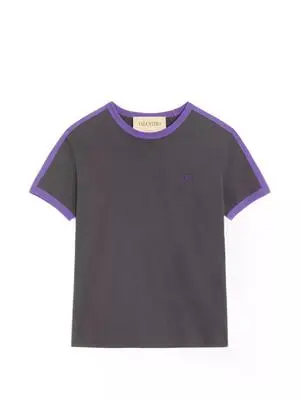Valentino Garavani Cotton T-shirt With Crew Neck, Contrasting Side Bands And Vlogo Embroidery - Grey