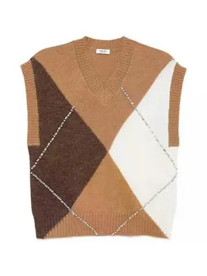 Liu Jo Argyle-knit Crystal-embellished Vest - Neutrals