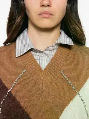 Liu Jo Argyle-knit Crystal-embellished Vest - Neutrals