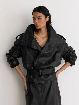 REISS Amelie Leather Belted Double-breasted Jacket