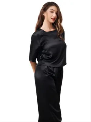 SILKSILKY Pure Silk Half Sleeve Pajamas Black